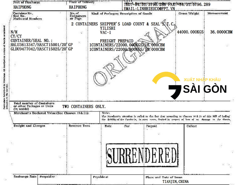 Surrendered Bill of Lading B/L hay Telex Released B/L